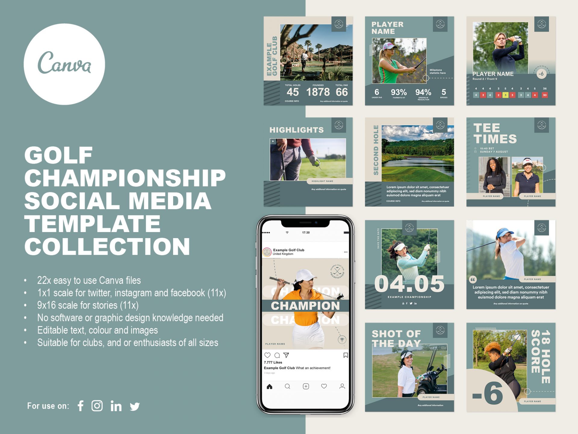15x Golf Club Social Media Square Templates (Canva) - Tails Creative
