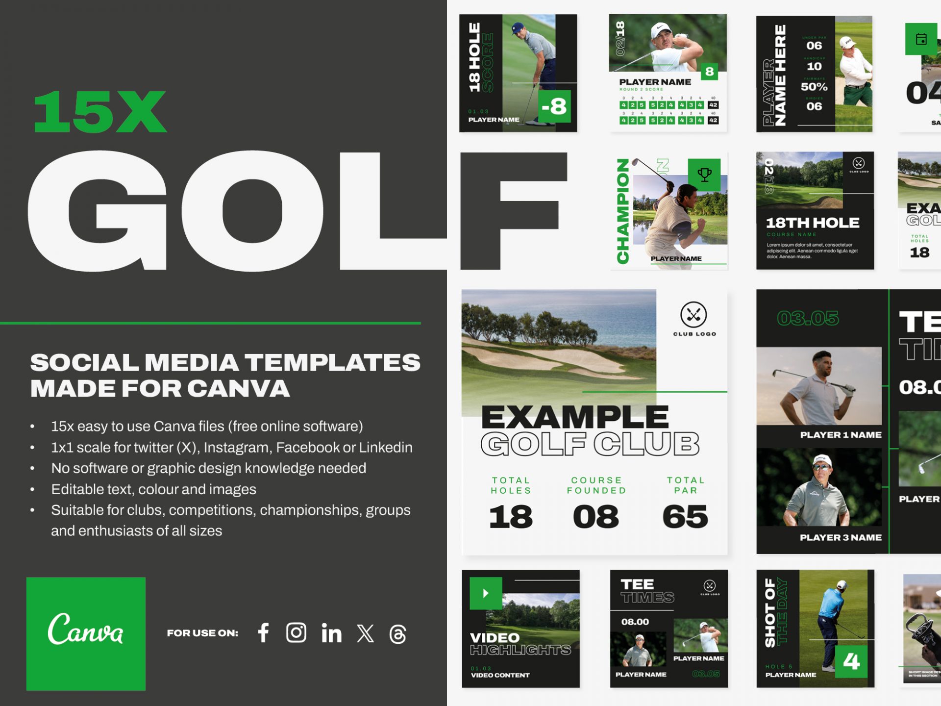 15x Golf Club Social Media Square Templates (Canva) - Tails Creative